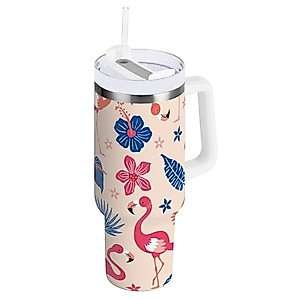DIGTIA Stainless Steel Insulated Tumbler w/Handle & Straw, Flamingos Palm Tree Double Wall Vacuum Travel Coffee Mug Cup w/Lid, Leak-Proof Sports Tropical Water Bottle,30oz