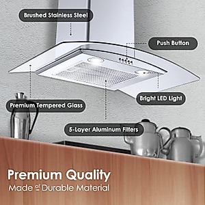 Range Hood 30 Inch, Tieasy Wall Mount Kitchen Hood with Ducted/Ductless Convertible Duct, Stainless Steel Chimney and Aluminum Filters, LED Lights, 3 Speed Fan, Push Button