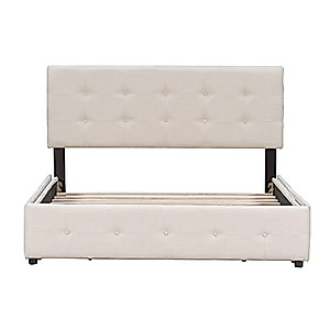 Lostcat Queen Upholstered Bed Frame with 4 Drawers,Linen Fabric Platform Storage Bed with Adjustable Button Tufted Headboard and Solid Wooden Slats Support,No Box Spring Needed,Beige