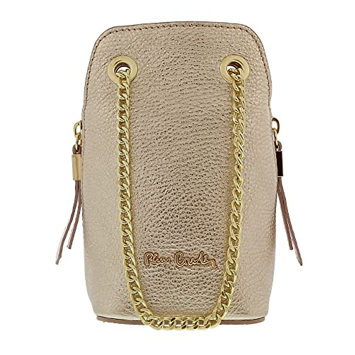Pierre Cardin Gold Leather Curved Structured Chain Crossbody Bag for womens