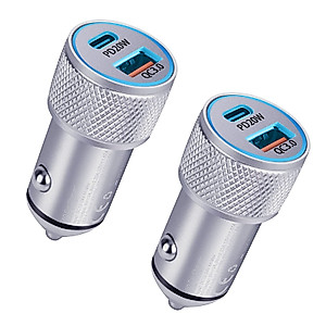 [2Pack] Cynemo Fast Car Charger for iPhone 13 12 11, 38W Dual Port 20W USB C Car Charger Adapter Power Delivery Metal Mini Cigarette Lighter PD QC3.0 Quick Charger for iPhone Samsung Galaxy Devices