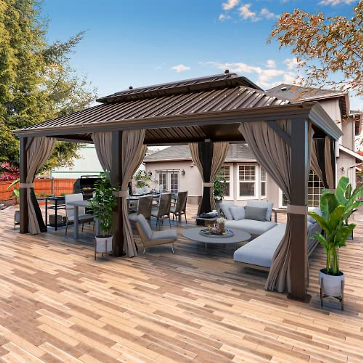 YOLENY 12' X 20' Hardtop Gazebo, Galvanized Steel Ventilation Double Roof Aluminum Frame Outdoor Gazebo Pavillion Pergolas with Netting and Curtains for Garden, Patio, Lawns, Parties