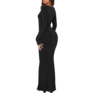 REORIA Womens Sexy Casual Scoop Square Neck Long Sleeve Soft Lounge Long Dress Fall Wedding Guest Elegant Ribbed Bodycon Maxi Dresses Black Large
