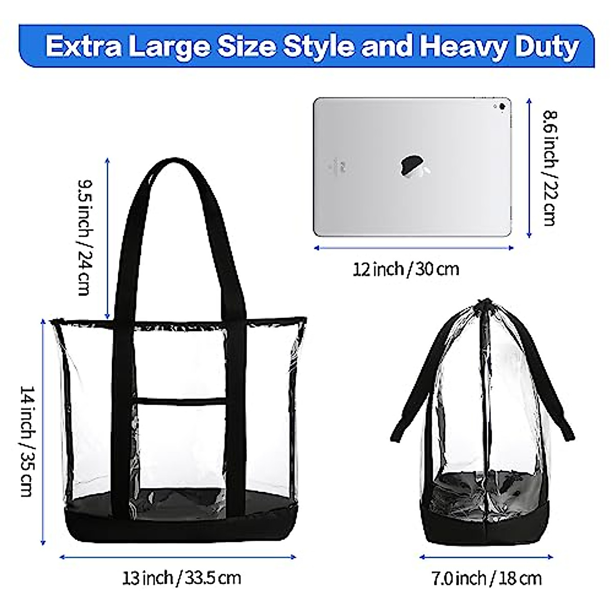 HAOGUAGUA Extra Large Clear Cosmetic Toiletry Bag, Large Clear Makeup Bag, Waterproof Transparent Plastic PVC Tote Shoulder Bag with Handles (BLACK)