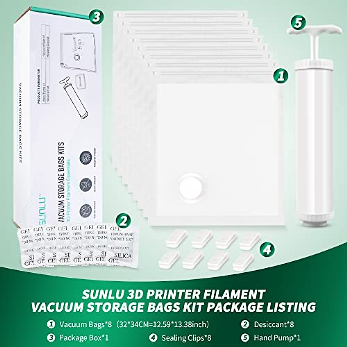 3D Printer Filament Vacuum Storage Kits and 3D Printer ABS Filament Bundle, Remove Moisture from Damp Filaments, Spool Storage Sealing Bags Kits, 32 * 34CM(12.59 * 13.38inch)