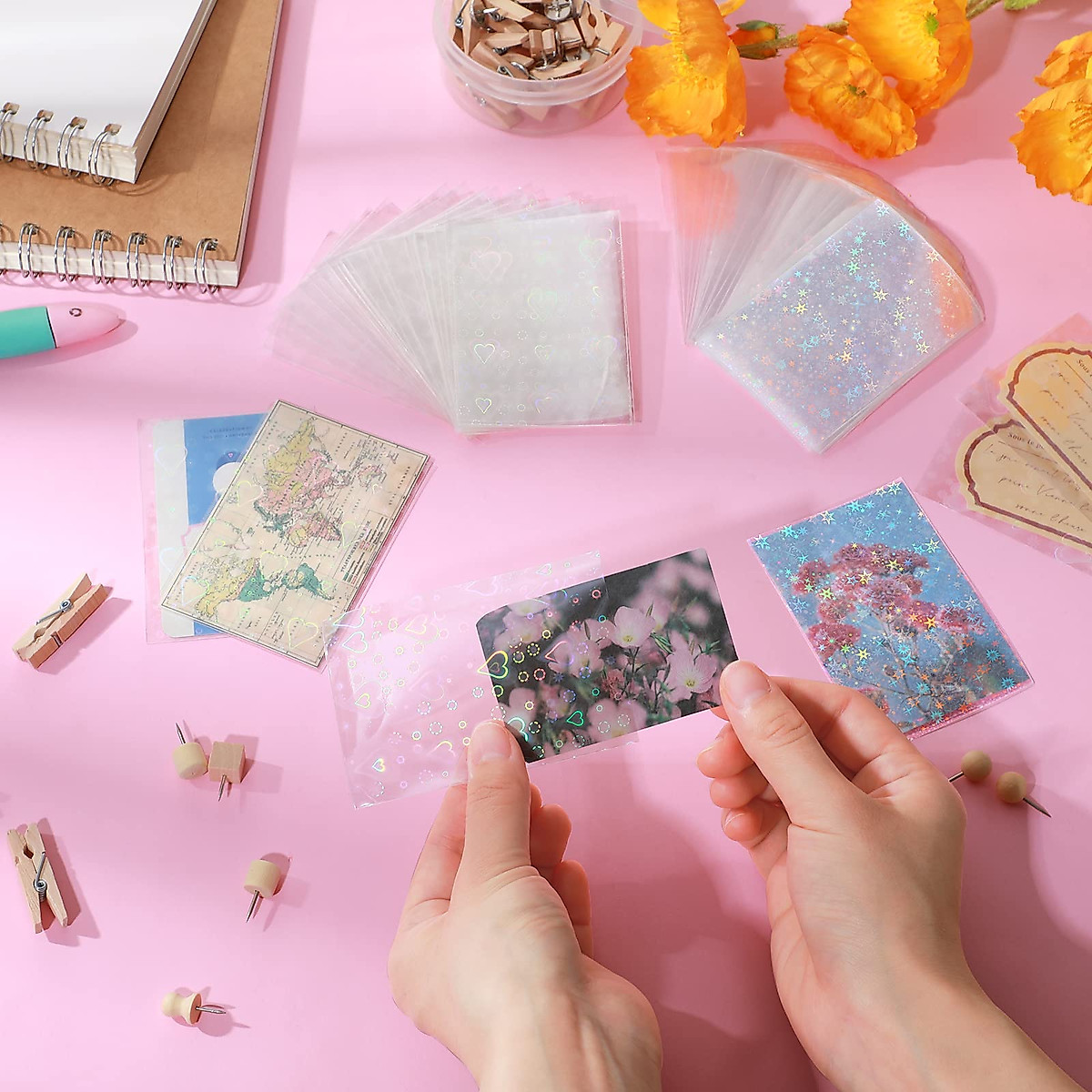200 Pcs Holographic Card Sleeves Include 100 Pcs Love Heart Shape and 100 Pcs Little Star Laser Flashing Card Sleeves Trading Cards Film Kpop Card Protector Holographic Foil Protective Cover