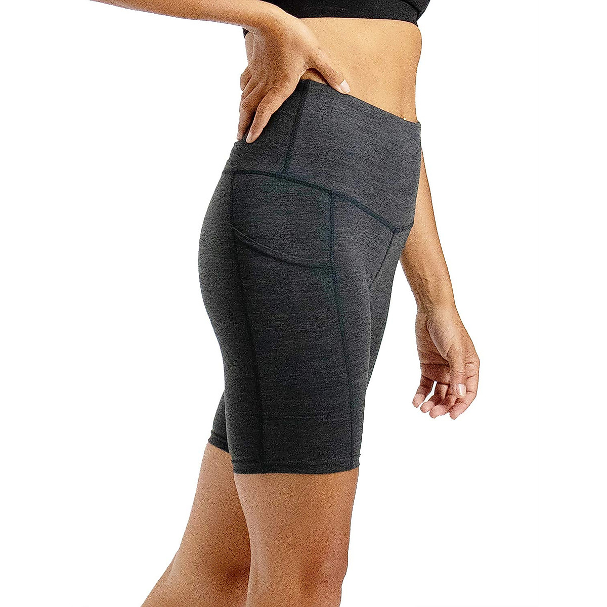 DEVOPS Women's 2-Pack High Waist Workout Yoga Running Exercise Shorts with Side Pockets (Large, Black/Heather Charcoal)