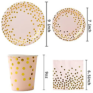 Pink and Gold Party Supplies – 175 Disposable Dinnerware Set Gold Dots on Pink Paper Plates Cups and Napkins, Gold Plastic Knives Spoons Forks for Baby Shower Wedding Party Bridal Shower