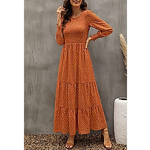 Kranda Fall Dresses for Women 2023 Round Neck Puff Long Sleeve Dress Smocked Ruffle Tiered Floral Maxi Dress Camel S