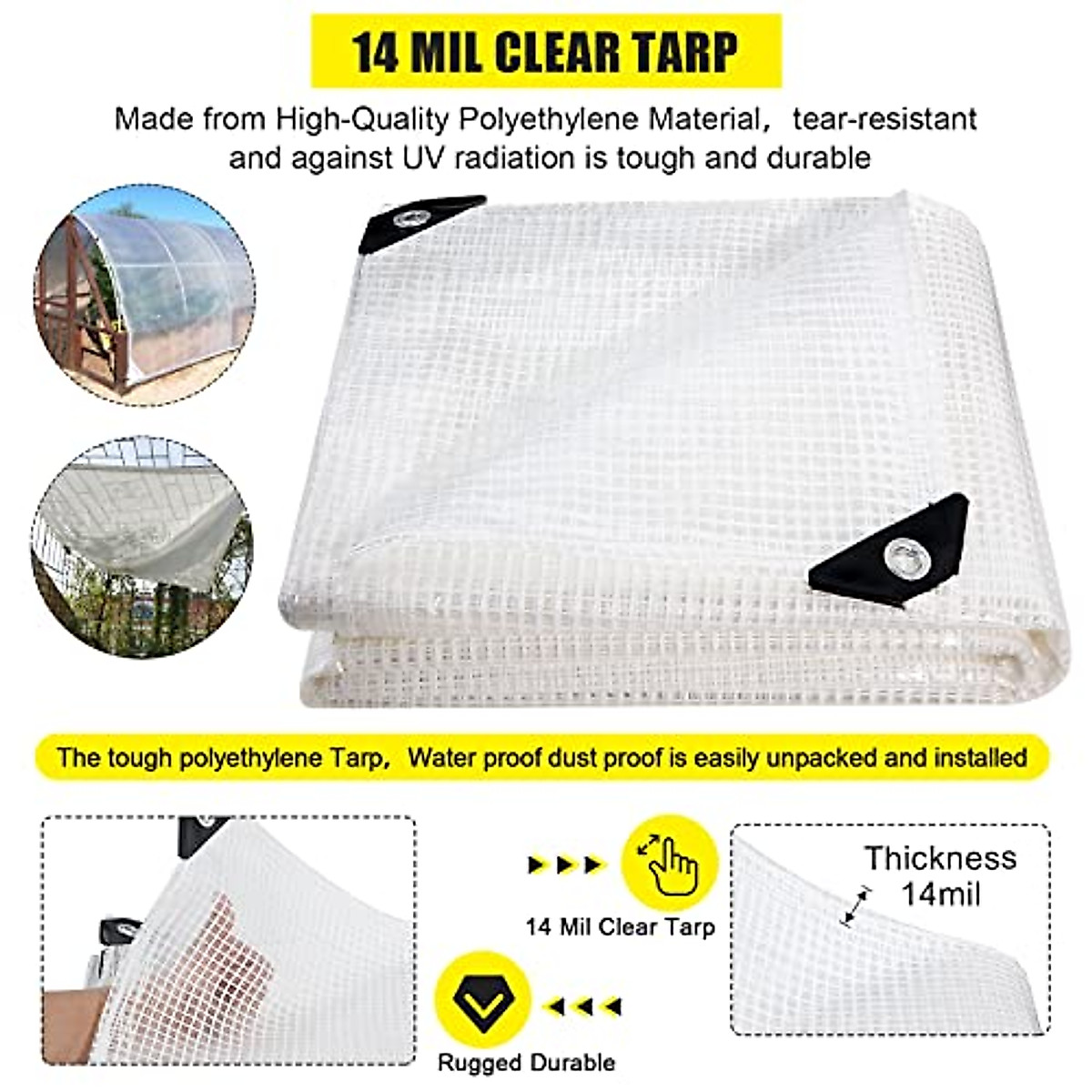 Clear Greenhouse Heavy Duty tarp 14 Mil Clear Waterproof Cover 10 Year UV Resistant Poly Tarp with Grommets 12 x8ft Superior Strength ,for Gardening, Farming, Nursery, Garden