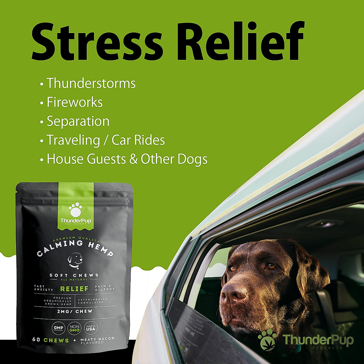 ThunderPup Premium Hemp Chews | Natural Calming Hemp Treats for Thunderstorms, Fireworks, Separation, & Traveling | Hip and Joint, Immune, & Overall Health Support, Chamomile & Valerian Root.
