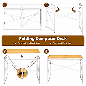 Tangkula Folding Computer Desk, Study Writing Desk with 6 Hooks, Modern Simple PC Laptop Desk with Sturdy Metal Construction, Space Saving Writing Table for Home Office (Natural)