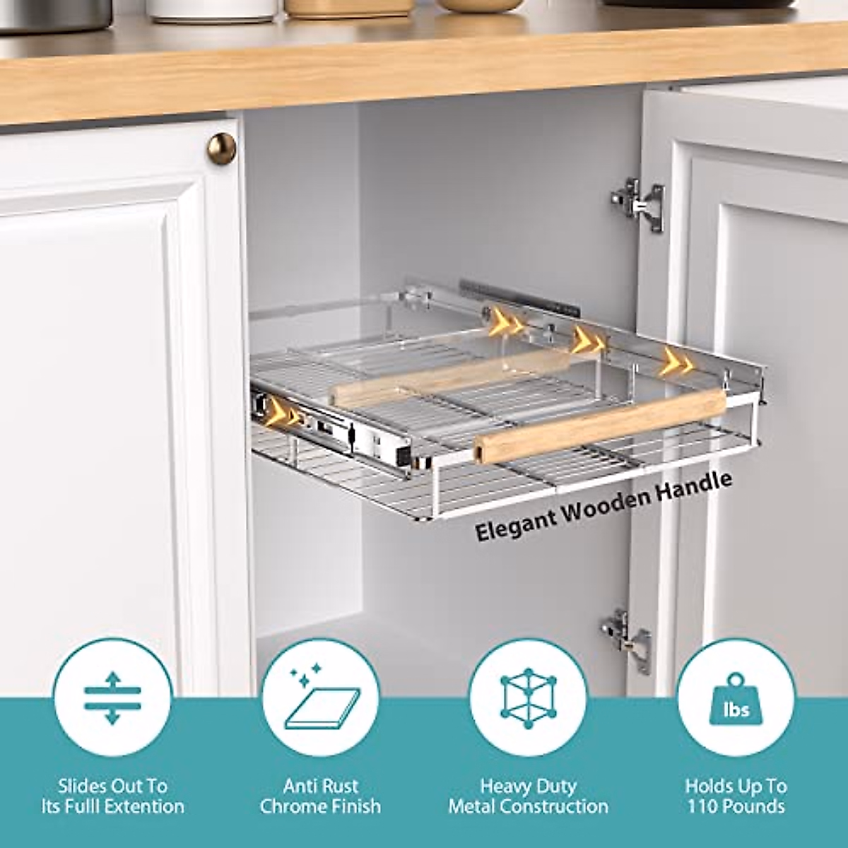FESDOS Roll-Out Extendable Sliding Basket Pull-Out Cabinet Organizer Slide Out Pantry Shelves Cabinet Shelves for Kitchen, Under Sink, Bathroom, Wardrobe, Opening Size Required 16.1"-26.3", Set of 2