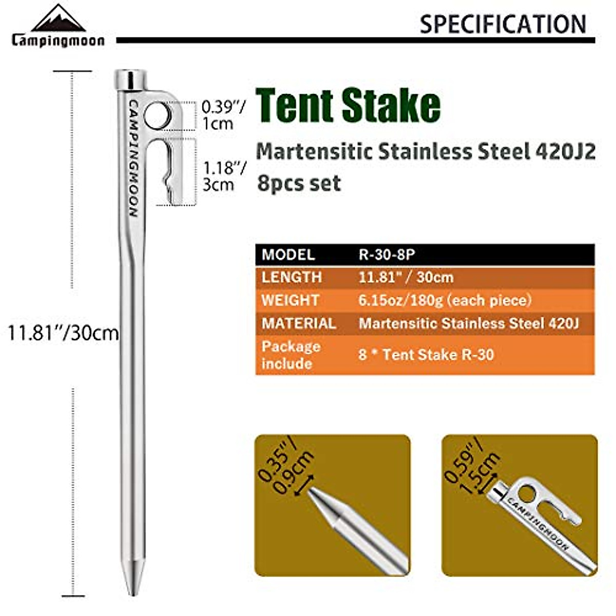 CAMPINGMOON 11.81-inch 8pcs Martensitic Stainless Steel 420J2 Hardened Forged Tent Stake Power Peg Ideal for Hard Ground R-30-8P