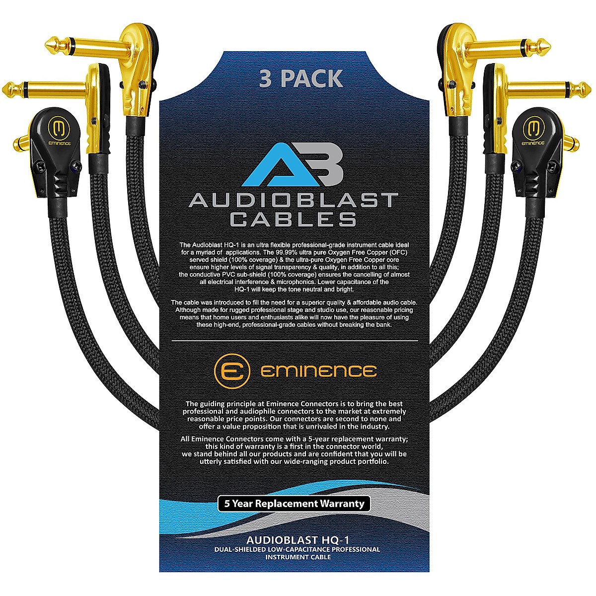 3 Units - 10 Inch - Audioblast HQ-1-BRAID (Black) - Ultra Flexible -Dual Shielded(100%) -Instrument Effects Pedal Patch Cable w/Low-Profile, R/A Gold Pancake TS(6.35mm) Plugs & Dual Staggered Boots