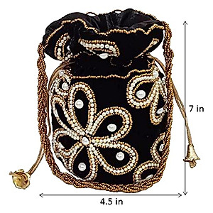 Purpledip Chenille Potli Bag (Clutch, Drawstring Purse): Intricate Bead Work Satchel Handbag, Black (12396A) 