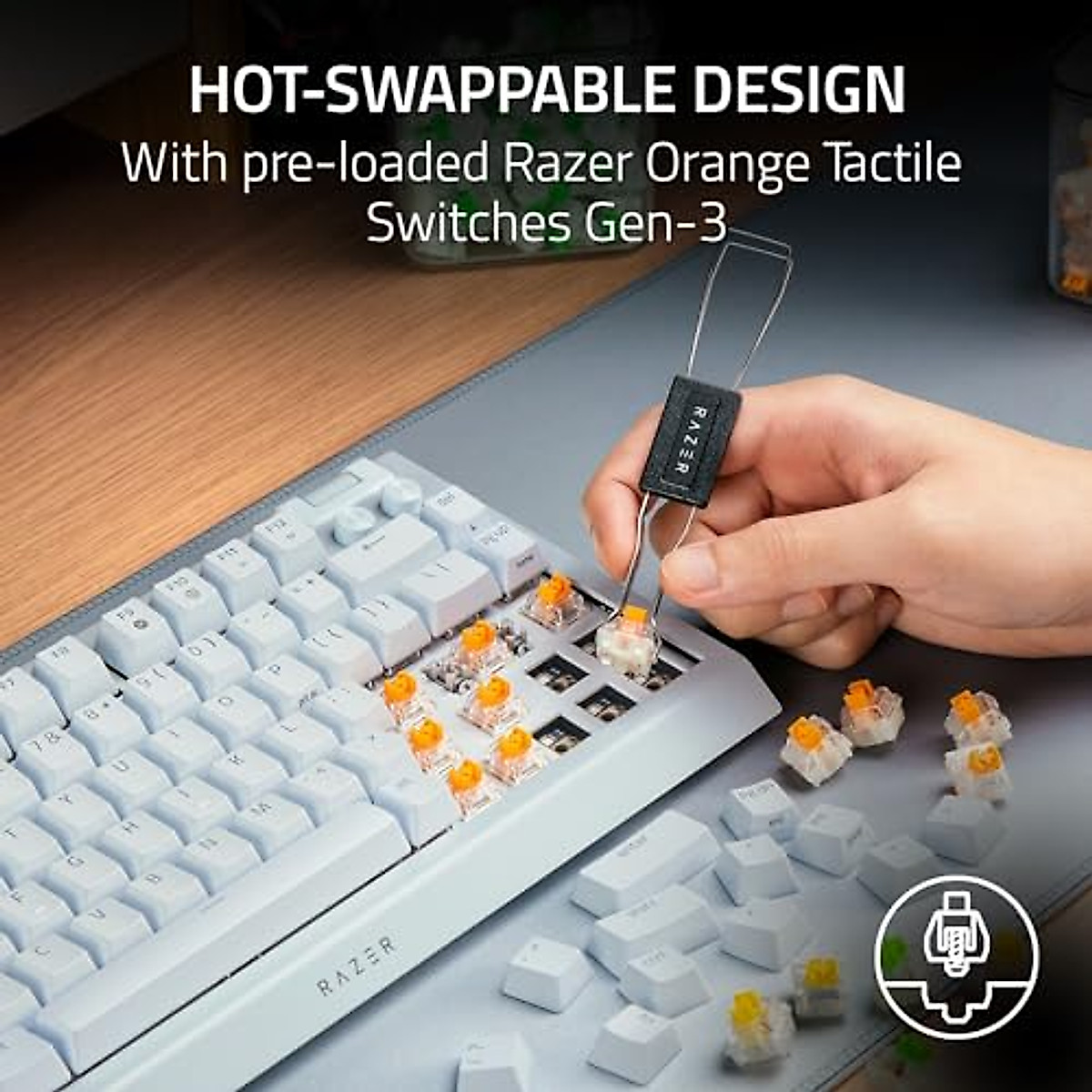 Razer BlackWidow V4 75% Mechanical Gaming Keyboard: Hot Swappable Design - Compact & Durable - Orange Tactile Switches - Chroma RGB - Roller & Media Keys - Wrist Rest Snap Tap - White