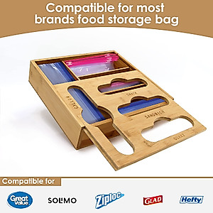 Caredear Bag Storage Organizer for Kitchen Drawer - 12.8" x 12" x 3" Bamboo Bag Organizer, Wall Mount Organizer for Gallon, Quart, Sandwich, Snack, Slider