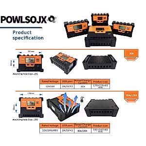 POWLSOJX 80A PWM 48V Solar Charge Controllers with Multi-Protection & LCD Display & 5V USB Output Solar Panel Charger with Temp Sensor (12/24/48V 80A)