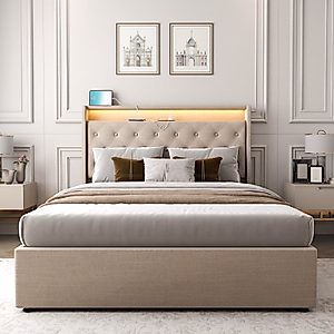 Loomie Full Lift Up Bed Frame with Charging Station & LED Lights, Upholstered Bed with Button Tufted Wingback Storage Headboard, Hydraulic Storage, No Box Spring Needed, Wood Slats Support,Beige