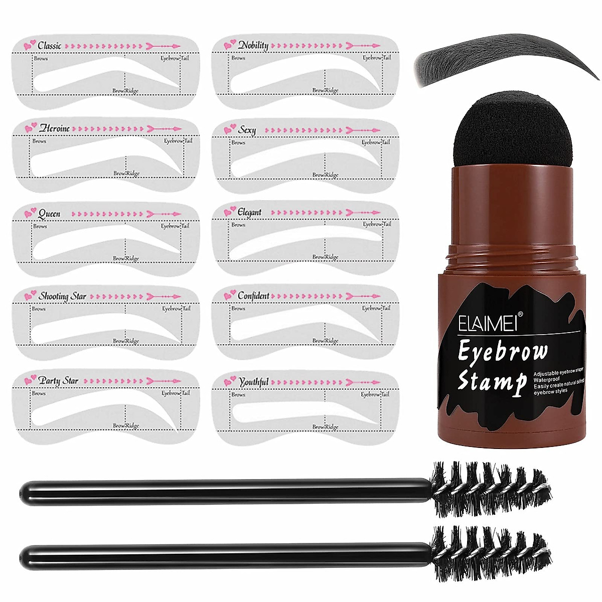 Eyebrow Stamp Stencil Kit (Black),Eye Brow Stamping Kit with 10 Reusable Eyebrow Stencils and 2 Eyebrow Brushes, Long Lasting Waterproof Hairline Shadow Powder