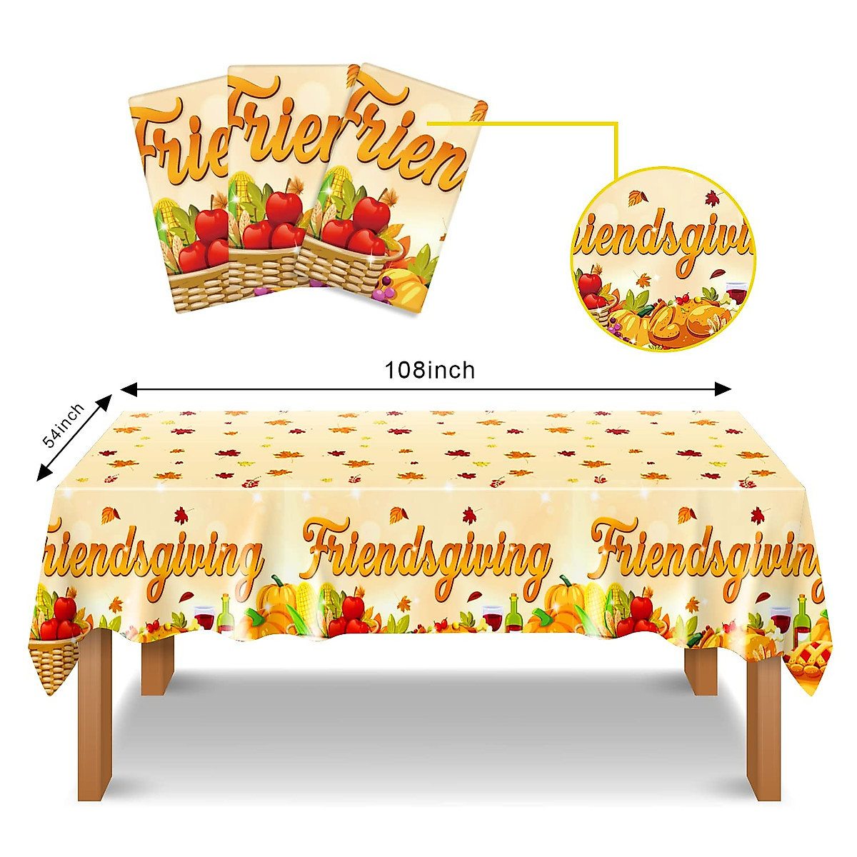 tineit 3 Pieces Friendsgiving Tablecloth, Happy Friendsgiving Decorations Plastic Tablecovers, Rectangle Friendsgiving Table Decorations for Fall Thanksgiving Friendsgiving Party, 108 * 54