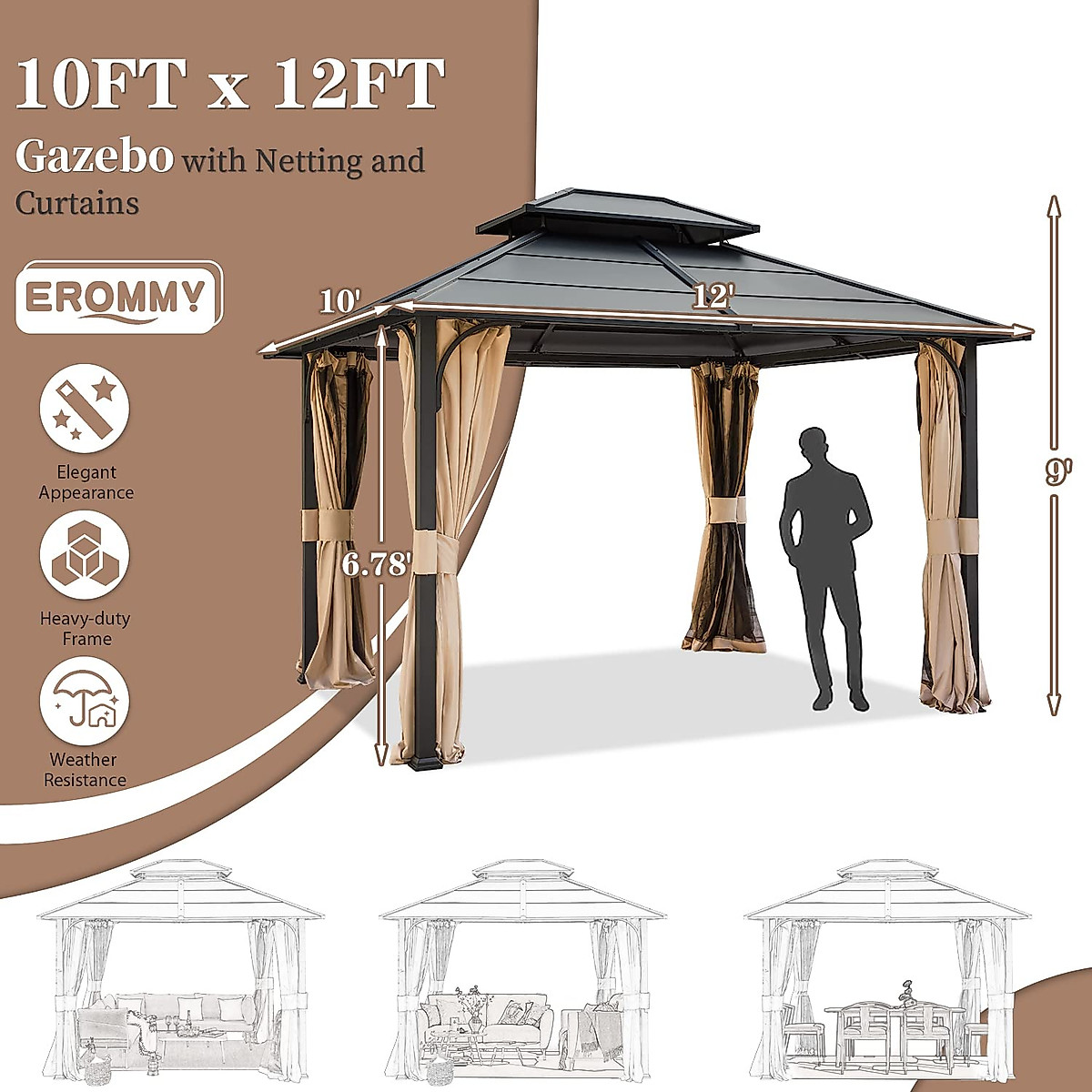 EROMMY 10'x12' Metal Steel Gazebo, Outdoor Aluminum Hadtdop Canopy with Netting and Shaded Curtains, Double Roof Pergolas, Permanent Metal Pavilion for Patio, Backyard, Deck，Lawns，and Pool