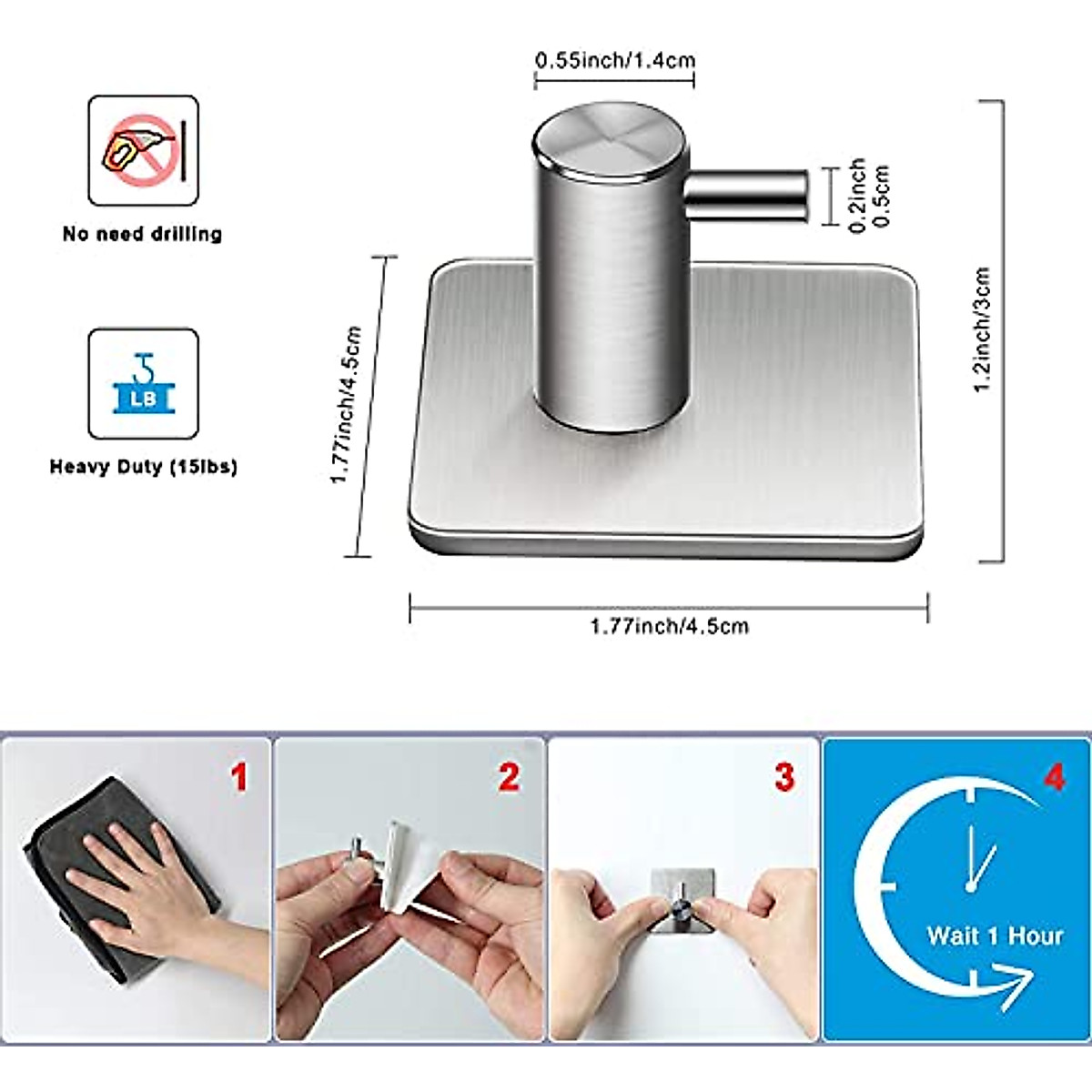 Dehomy Self Adhesive Hook Stick on Wall Door Cabinet Heavy Duty Stainless Steel Tools for Hanging Loofah Washcloth Towel, Coat Clothes, Specialized for Hanging Kitchen, Bathroom, Restroom 4 Pack
