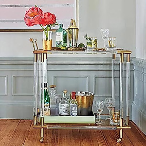 VLOBAOM Gold Bar Cart with Wheels, Home Bar Serving Cart, Luxurious Acrylic Coffee Bar Cart for Kitchen Party Outdoor, Storage Rack,31.5x16.5x31.5in,Clear