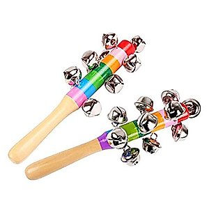 2 Pack Vivid Color Rainbow Handle Wooden Bells Jingle Stick Shaker Rattle 10 Jingle Bells Baby Kids Children Musical Toys