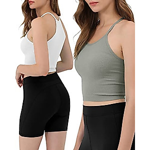 ODODOS Women's Crop Camisole 3-Pack Washed Seamless Rib-Knit Crop Tank Tops, Long Crop, White Gray Black, Medium/Large