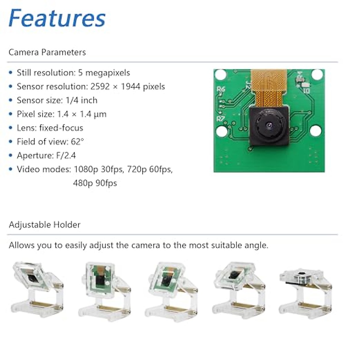 FREENOVE 5MP Camera for Raspberry Pi 5 4 B 3 B+ A+ Zero 2 W with Adjustable Holder and Ribbon Cable, 62° Viewing Angle, 1080P 720P Output