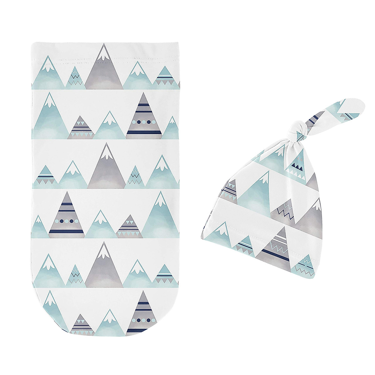 Sweet Jojo Designs Mountains Baby Boy or Girl Cocoon and Beanie Hat 2pc Set Jersey Stretch Knit Sleeping Bag for Infant Newborn Nursery Sleep Wrap Sack - Navy Blue, Aqua and Grey Watercolor Aztec