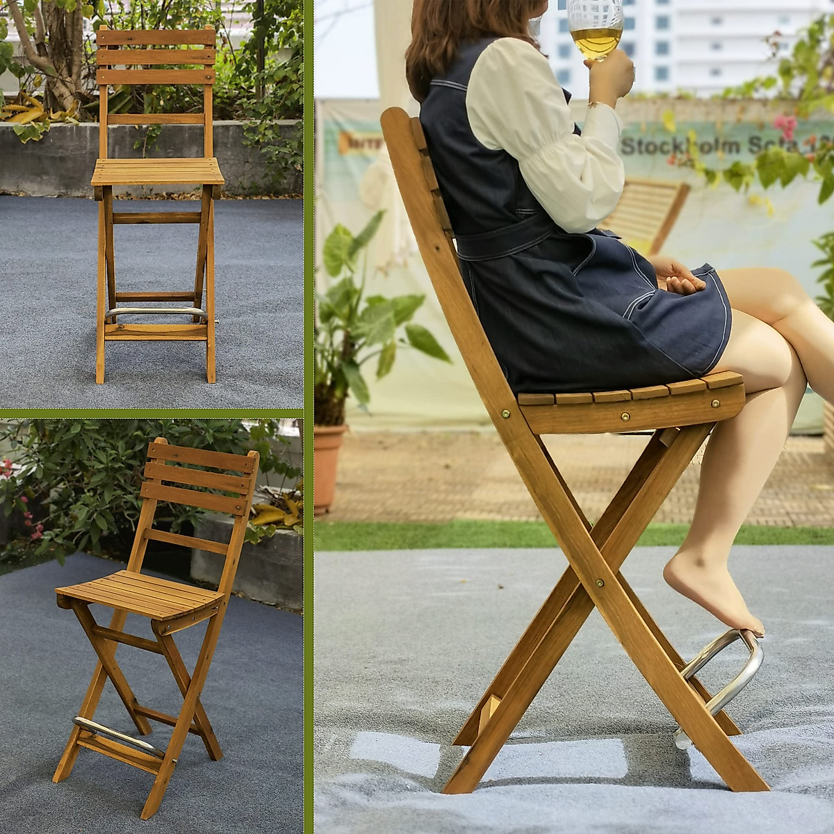 INTERBUILD REAL WOOD Acacia Hardwood Foldable Sofia Bar Height Chair with Foot Rest, 26" Tall, 2 Piece Set - Golden Teak