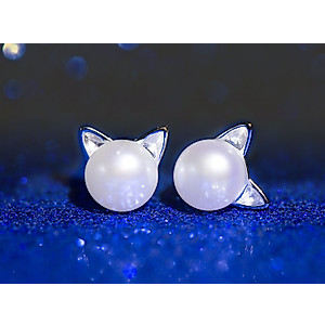 Wicary Cat Ear Earrings Sterling Silver Cultured Freshwater Pearl Stud Earrings