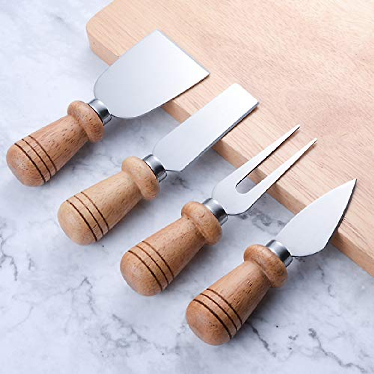 Bekith 8 Pieces Set Travel Cheese Knives with Wood Handle, Stainless Steel Cheese Slicer Cheese Cutter, 2 Cheese Knife, 2 Cheese Shaver, 2 Cheese Fork and 2 Cheese Spreader