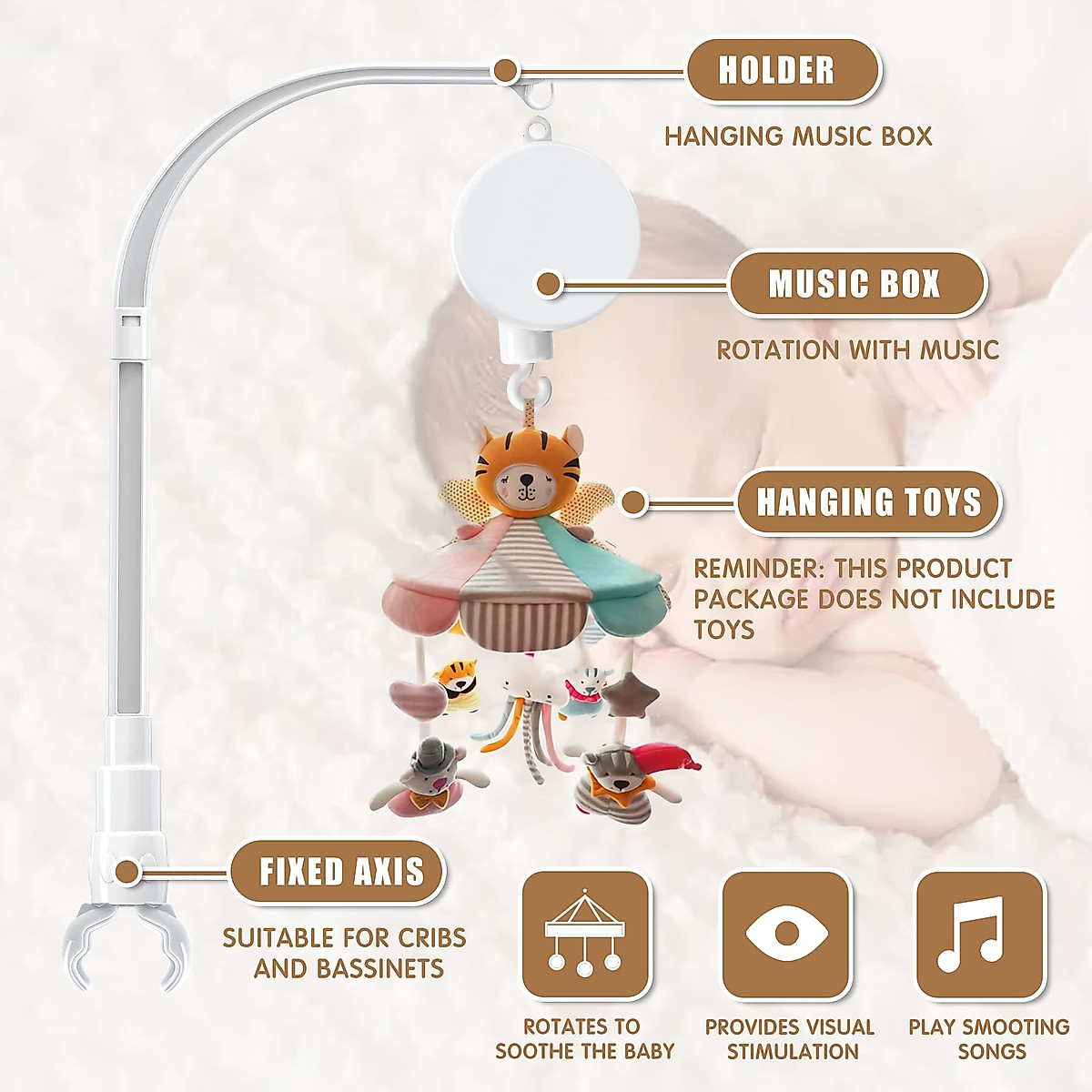 23 inches DIY Baby Crib Mobile Arm,Mobile arm for Crib,Nursery Mobile arm,Baby Mobile Hanger, with Music Box-The Claw Part Can be Adjusted Width-DIY Toy Decoration