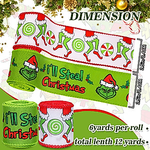 Whaline 12 Yards Christmas Wired Edge Ribbon Xmas Funny Cartoon Character Craft Ribbon Christmas Decorative Fabric Ribbon for Gift Wrapping DIY Floral Arrangement Wreath Bow, 2.5 Inch, 2 Roll