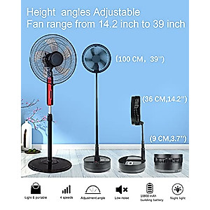 Foldable Fan Foldaway Oscillating with Remote Control, 10800mAh Battery Operated Fan, Portable Standing for Outdoor, Courtyard, Beach,Travel, Room,4 Speeds, with Timer night light (Black)