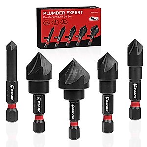 EZARC Countersink Drill Bit Set for Metal, 5PCS Countersunk Bits 82 Degree 5 Flute, 1/4” 3/8” 1/2” 5/8” 3/4”, 1/4 Inch Hex Shank Countersunk Bit Set