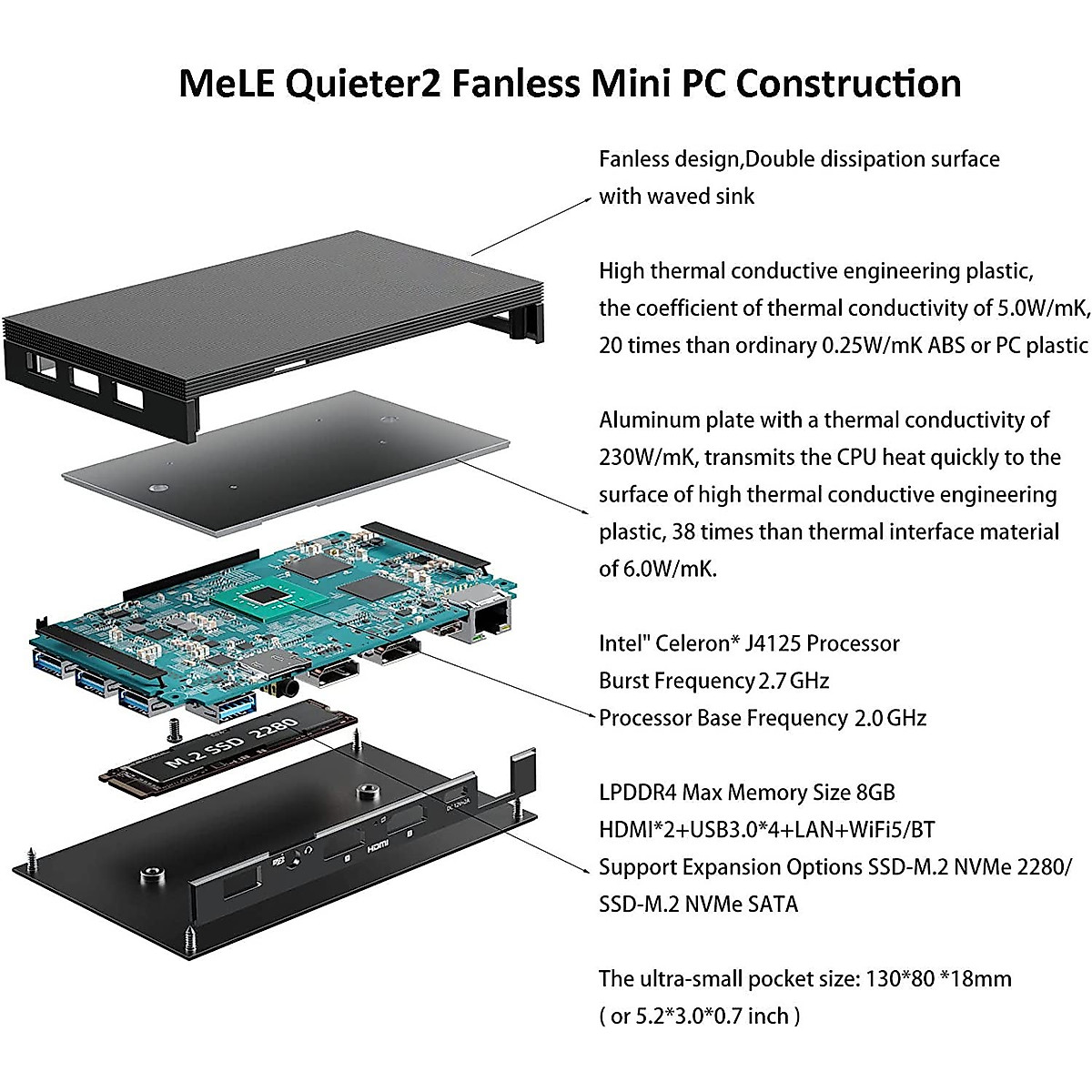 MeLE Fanless Mini PC, Windows 11 Pro Celeron J4125 8GB 256GB,Dual HDMI Micro PC Portable Silent Desktop Computer,Supports Unlocked Bios on Astrophotography Media Office IoT (Quieter2Q/J4125/8GB+256GB)