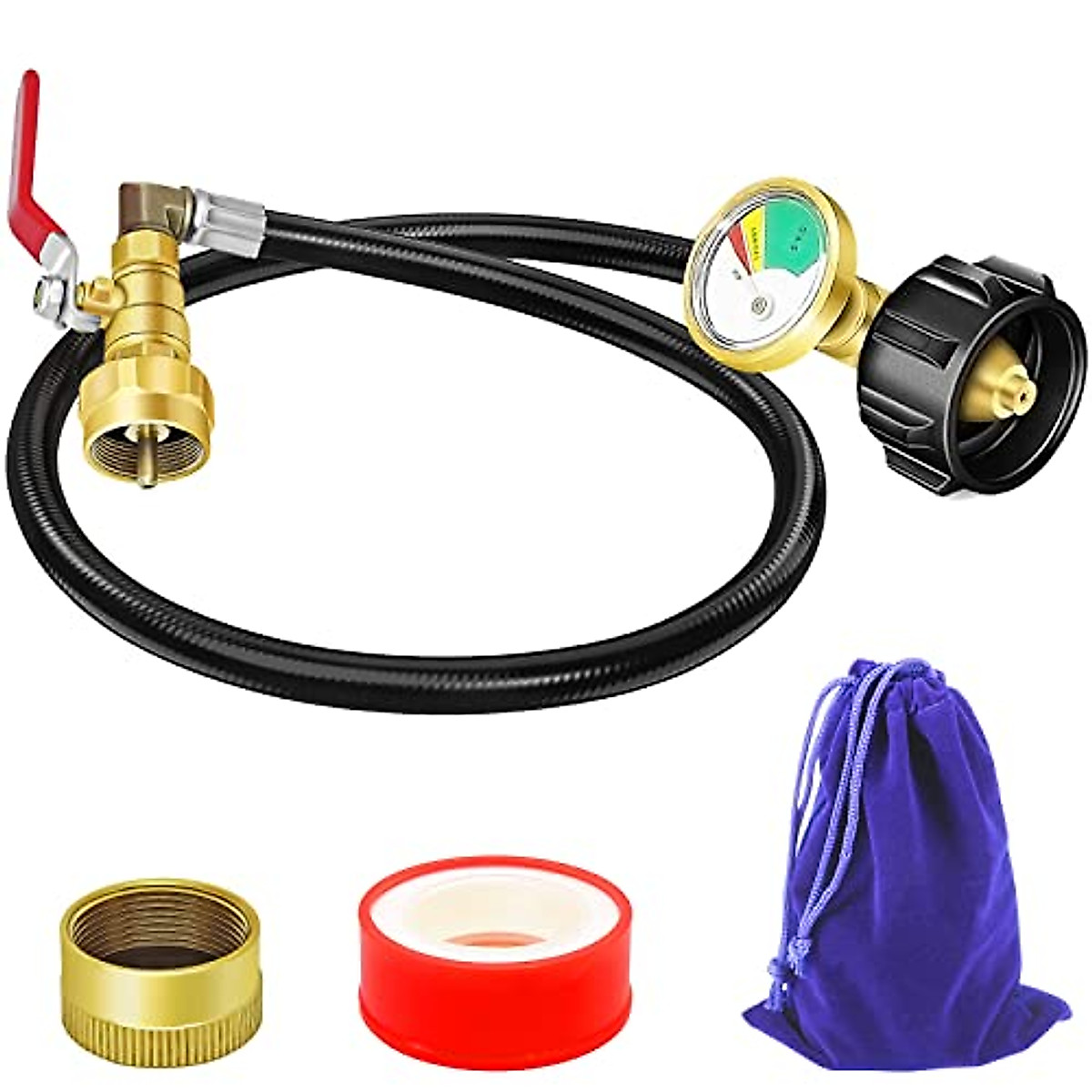 Upgraded Propane Refill Adapter Hose, 36" Propane Extension Refill Hose with Gauge, Shut off Valve, 1LB Propane Filling Hose Kit with 1 LB Propane Bottle Cap, Roll Sealing Tape (Rubber)