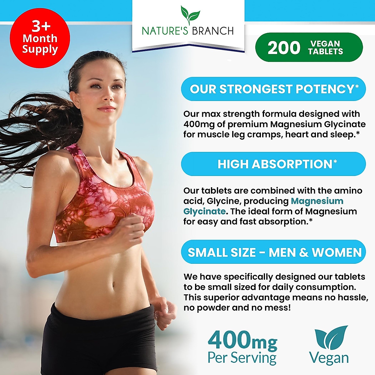 Magnesium Glycinate 400 mg - 200 Tablets - High Absorption, Non Buffered Bisglycinate Mag Supplement for Sleep, Leg Cramps, Heart, Ease Muscles, Calm Headaches for Women and Men, Non Powder Capsules