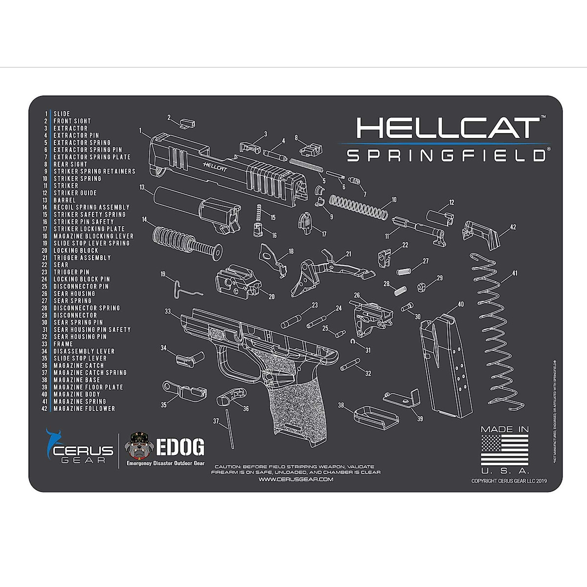 EDOG Gunslinger 20 PC Gun Cleaning Kit - Pistol Mat Compatible with Springfield Armory Hellcat - Schematic (Exploded View) Mat, Gunslinger Universal .22 .38 .357 9mm .40 & .45 Caliber Kit