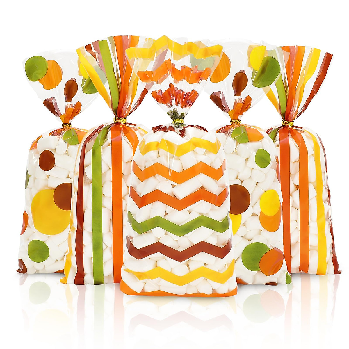 Whaline 100Pcs Thanksgiving Cellophane Treat Bags Colorful Stripe Wave Dot Plastic Gift Bags Fall Candy Goodie Bags with Twist Ties for Autumn Thanksgiving Party Cookie Snack Packing Supplies
