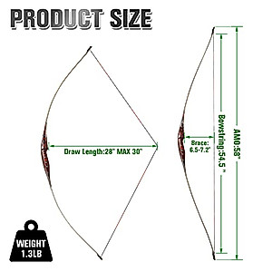 KAINOKAI 58" Laminated Recurve Bow,Amercian Hunting Bow Archery Bow 20-60lbs (50LBS, Right Hand)
