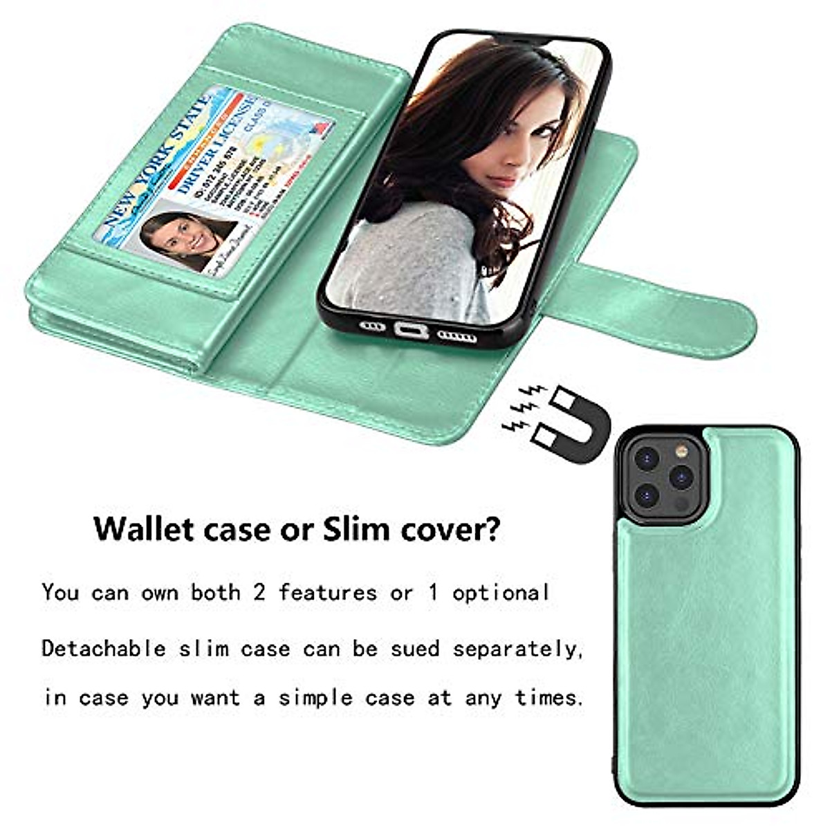 Njjex Compatible with iPhone 12 Mini Case/iPhone 12 Mini Wallet Case 5.4" (2020), [9 Card Slots] PU Leather ID Credit Holder Folio Flip [Detachable] Kickstand Magnetic Phone Cover & Lanyard -Turquoise