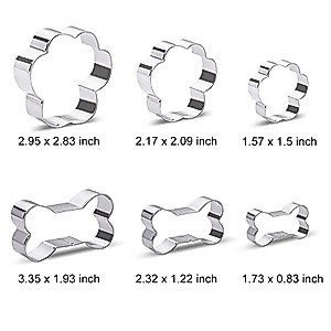 Dog Cookie Cutters Shapes for Treats - 6 Piece Dog Bone and Paw Print Shaped Cookie Cutter Set Biscuit Molds for Kids Small Dogs Homemade Treats Baking - Stainless Steel