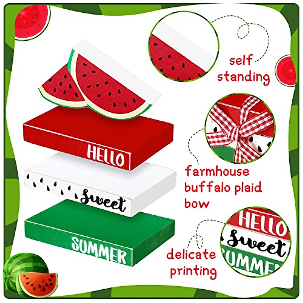 6 Pcs Watermelon Tiered Tray Decor Rustic Watermelon Summer Decor Farmhouse Watermelon Decor Summer Tiered Tray Decor Includes Wooden Bead Garland with Tassels Hello Sweet Summer Watermelon Book Stack