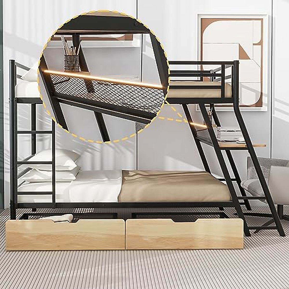 WADRI Modern Twin Size Bunk Bed with Built-in Desk and 2 Drawers, Metal Bunk Bed Frame with Light and Metal Slat Support for Kids Teens Boys Girls Bedroom